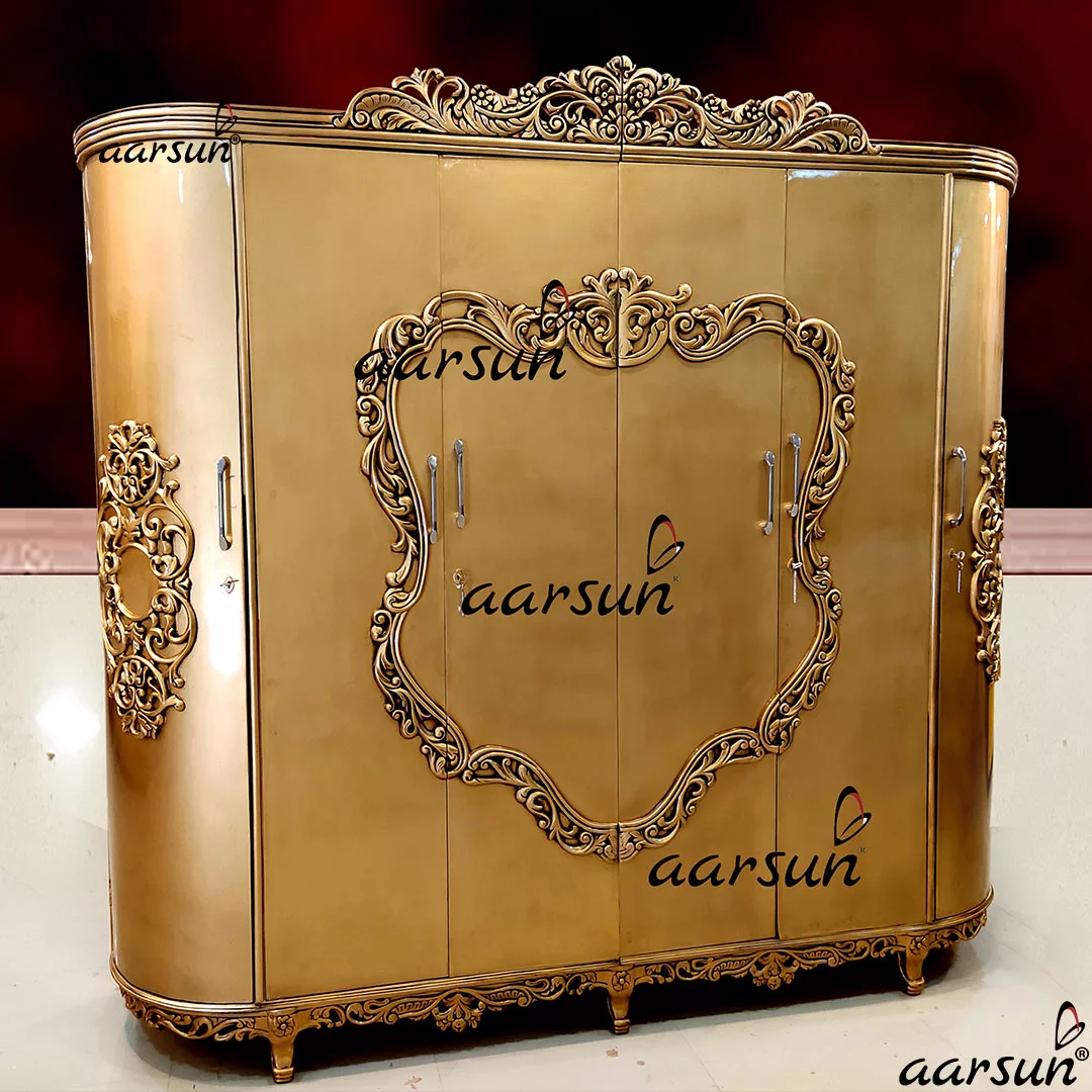 Luxurious Golden Almirah Armoire in Teak Wood YT 266